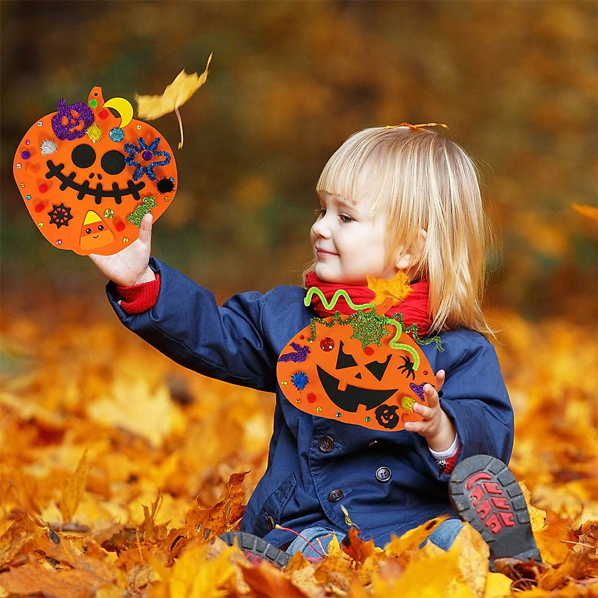 Winlyn 30 Kits Fall Halloween Pumpkin Decorations DIY Pumpkin Craft Kits Foam Pumpkin Shapes with Halloween Stickers Jack-O'-Lantern Face Stickers for Kids Gift Favors Art Project Classroom Activity