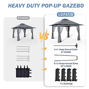 UDPATIO 13'x13' Pop up Gazebo Canopy Tent, Outdoor Patio Waterproof Gazebo with Mosquito Netting for Lawn, Garden, Backyard and Deck, Grey