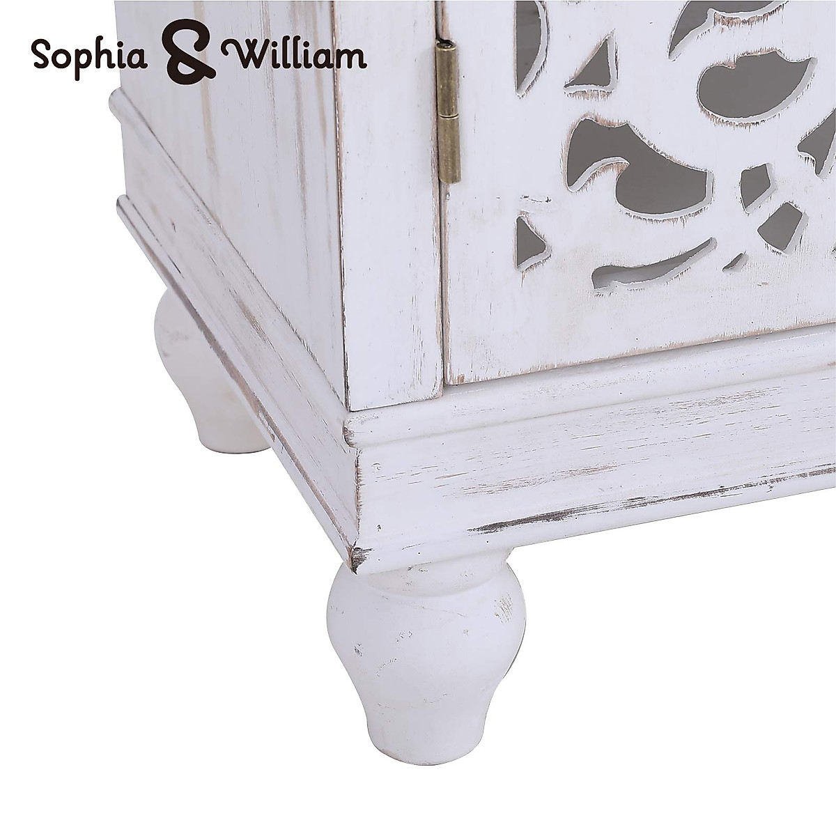 Sophia & William Accent Cabinet with 2 Doors, Distressed Storage Cabinet with Wood Frame and Hollow-Carved Door for Entryway Living Room, White
