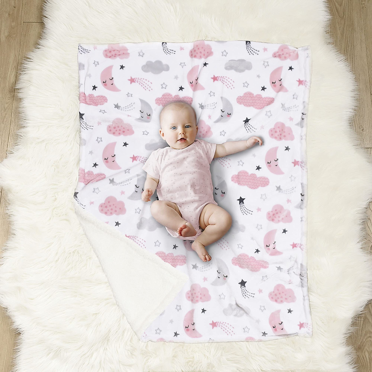 Life Comfort Ultimate Sherpa Baby Blanket, Fluffy Pink and Grey Cloud and Moon Premium Blanket for Baby Girl, Soft Warm Cozy Toddler, Infant or Newborn Blanket for Crib, Stroller, Travel, Nursery