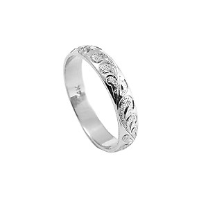 Arthur's Jewelry 14K white gold custom hand engraved Hawaiian queen plumeria scroll band ring 4mm size 9.5