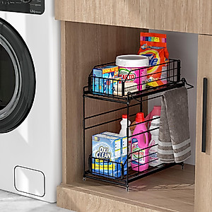 SUEH DESIGN Under Sink Organizers and Storage, 2 Tier Pull Out Cabinet Organizer Sliding Under Sink Storage Shelf with Hanging Rail for Kitchen Bathroom Cabinet Storage, 1 Pack