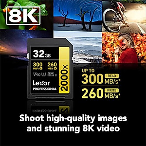 Lexar 32GB Professional 2000x SDHC Memory Card, UHS-II, C10, U3, V90, Full-HD & 8K Video, Up to 300MB/s Read, for DSLR, Cinema-Quality Video Cameras (LSD2000032G-BNNNU)