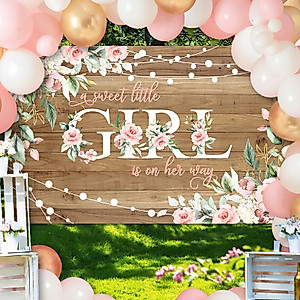 Avezano Rustic Girl Baby Shower Banner A Sweet Little Girl is on Her Way Baby Shower Party Decorations Pink Floral Girl Banner Photo Booth Studio Props 70.8 x 43.3 inch