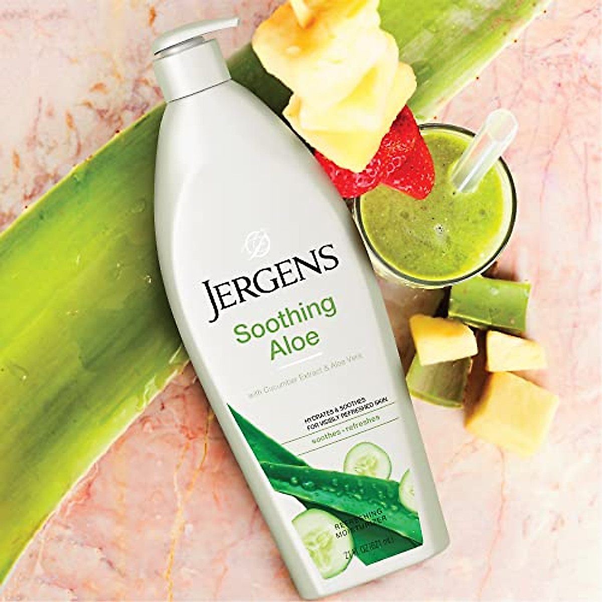Jergens Soothing Aloe Body Lotion, Aloe Vera Body and Hand Moisturizer, Illuminating Hydralucence Blend, with Cucumber Extract, Dermatologist Tested, 21 Oz