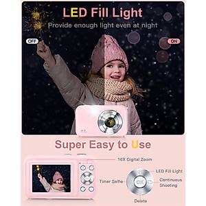 Digital Camera, FHD 1080P Kids Camera with Neck Lanyard 32GB Card Battery, Anti-Shake 16X Digital Zoom, 44MP Point Shoot Cameras, Compact Portable Small Gift Camera for Kid Teen Student Girl Boy(Pink)