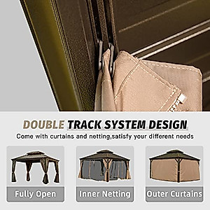 Domi Outdoor Living 10’ X 12’ Hardtop Gazebo, Outdoor Aluminum Frame Canopy with Galvanized Steel Double Roof, Outdoor Permanent Metal Pavilion with Curtains and Netting for Patio, Backyard and Lawn