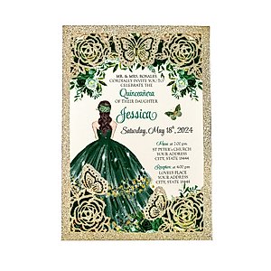 DORIS HOME 50Pcs Butterfly Quinceanera Invitation Emerald Green for 15 year, Sweet 16, Miss XV, Birthday Laser Cut Quince Invitation Cards Personalized Glitter Gold