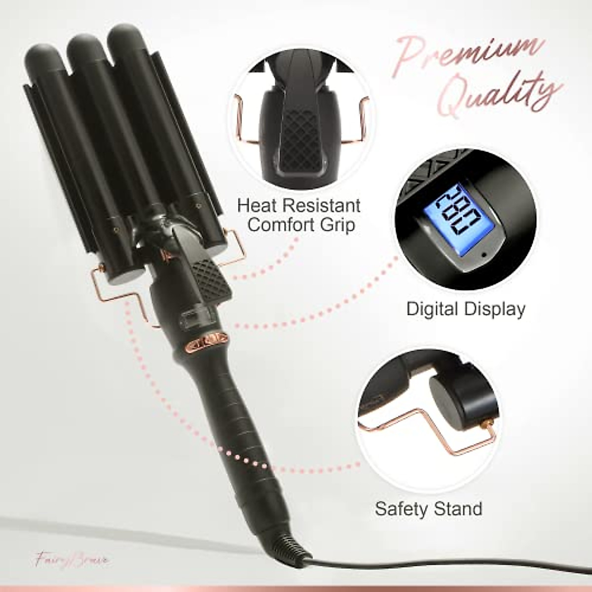 3 Barrel Curling Iron Wand - Triple Hair Waver & Crimper for Beach Waves Set, Ceramic Tourmaline with Adjustable Temperature - Hair Waver, Black