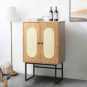 Farmhouse Storage Cabinet Solid Wood Sideboard Accent Cabinet 2 Rattan Doors Buffet Cabinet Locker with Interior Shelves & Black Metal Base for Entryway Living Room Bedroom Dining Room (Brown)