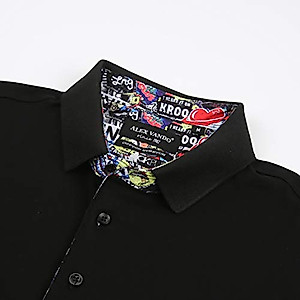 Alex Vando Mens Polo Shirts Short Sleeve Regular Fit Fashion Designed Shirt,Black,XLarge