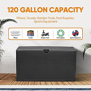 ZYJOYY 120 Gallon Resin Deck Box, Weatherproof Outdoor Storage Box for Patio, Garden, Pool, and Yard, Lockable Waterproof Bin for Tools, Cushions, and Accessories, Black