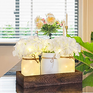 Waenerec Mason Jar Lighted Centerpiece Table Decorations Wood Tray with White Hydrangea Artificial Flowers Rustic Country Farmhouse Mason Jars Decor for Coffee Table Dining Room Living Room Kitchen