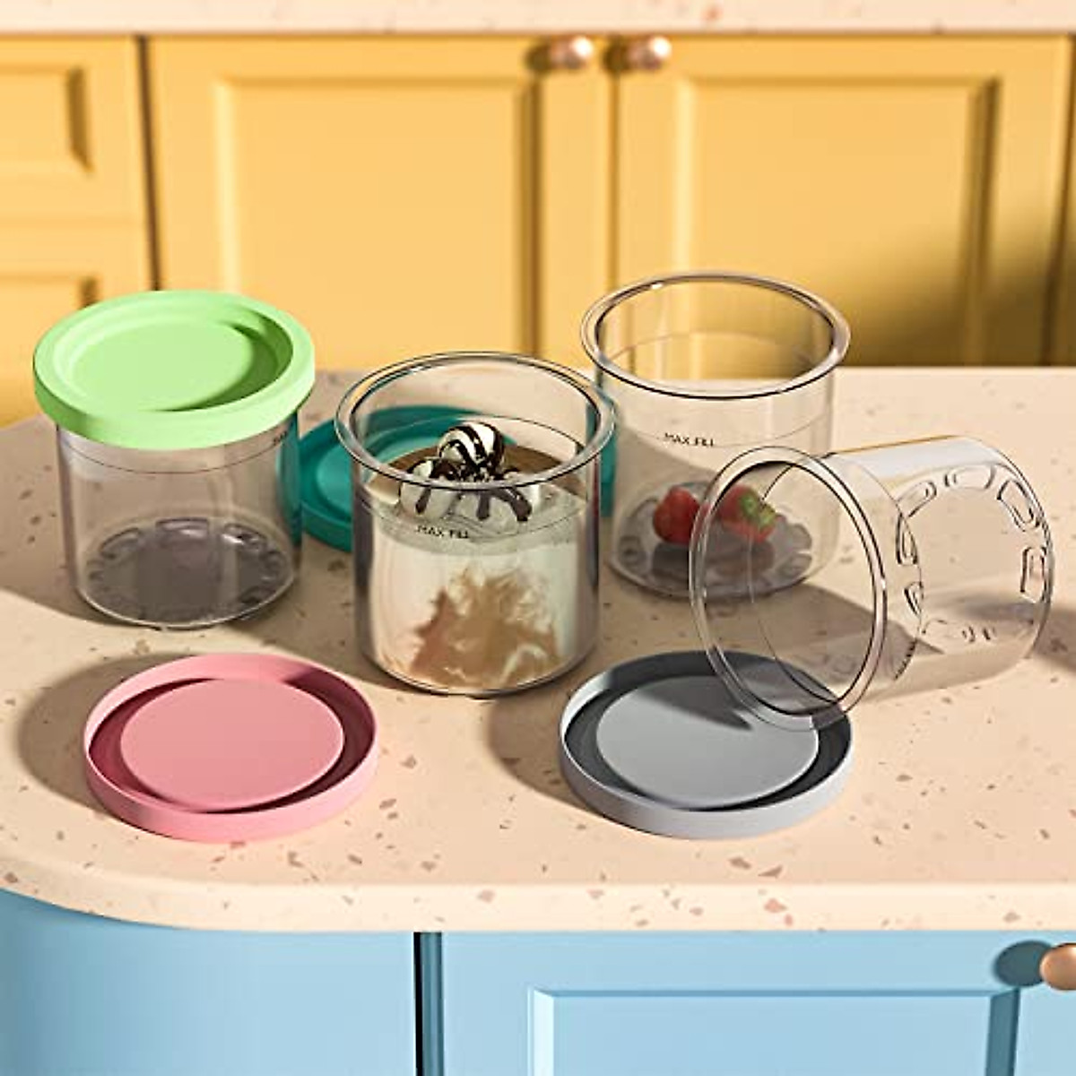 VIJIGIA Ice Cream pints Containers 4 Pack, Compatible with NC301 NC300 NC299AMZ Ice Cream Makers, Reusable, Dishwasher Safe, Airtight & Leaf-Proof, light blue/Gray/Pink/Green Lids