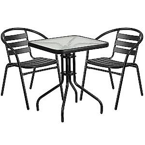 Flash Furniture Lila 23.5'' Square Glass Metal Table with 2 Black Metal Aluminum Slat Stack Chairs