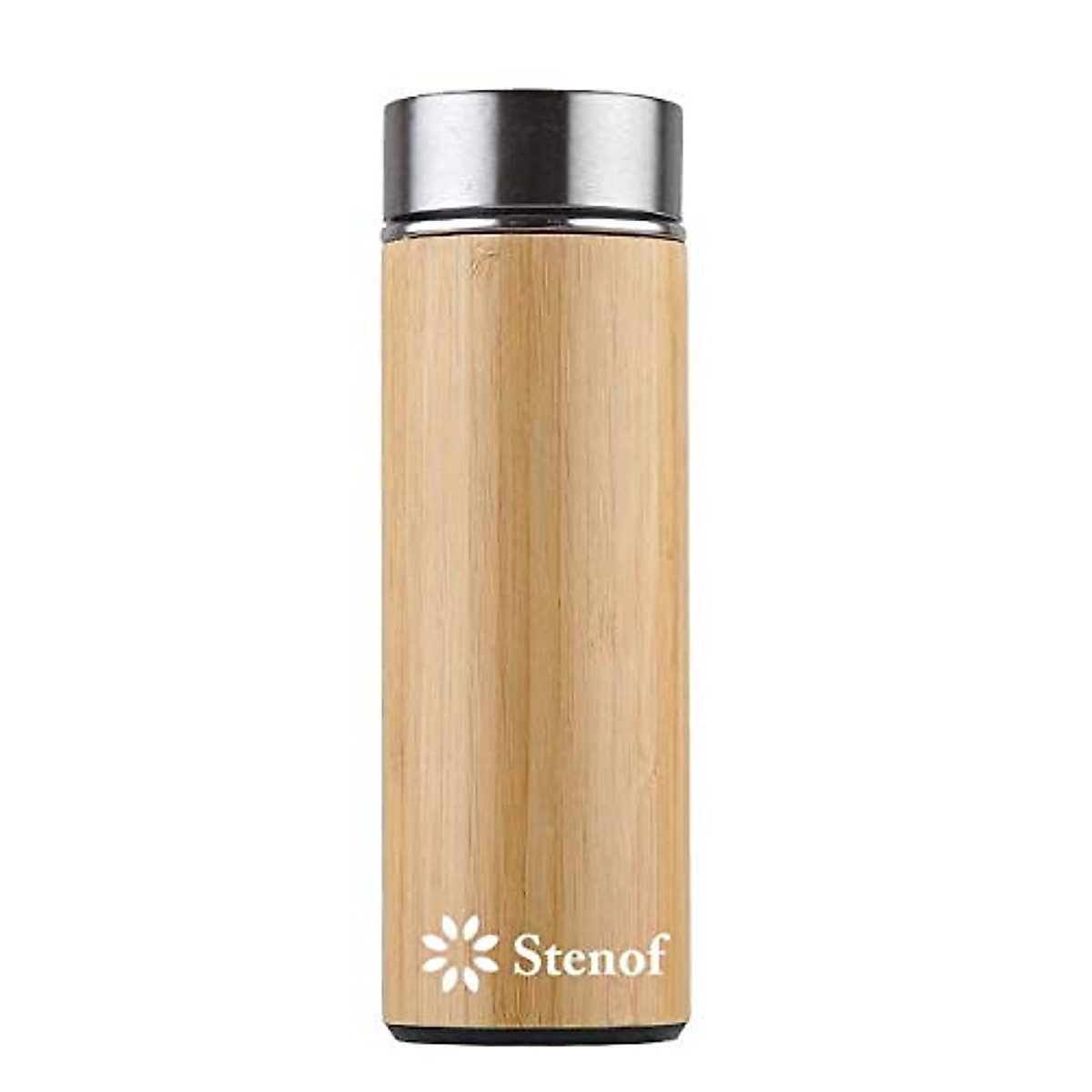 Stenof Bamboo Tea Tumbler with a long tea strainer and a spoon steel insulation 12 hours warmth| 450 ml leak proof tea, coffee and travel water flask| Eco-friendly travel bottle