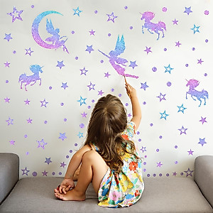 Glow in The Dark Unicorn Wall Decals Unicorn Stars Wall Stickers Blue Luminous Glow Unicorn Stars Moon Ceiling Stickers Decor for Baby Girls Boys Bedroom Ceiling Nursery Room Decor