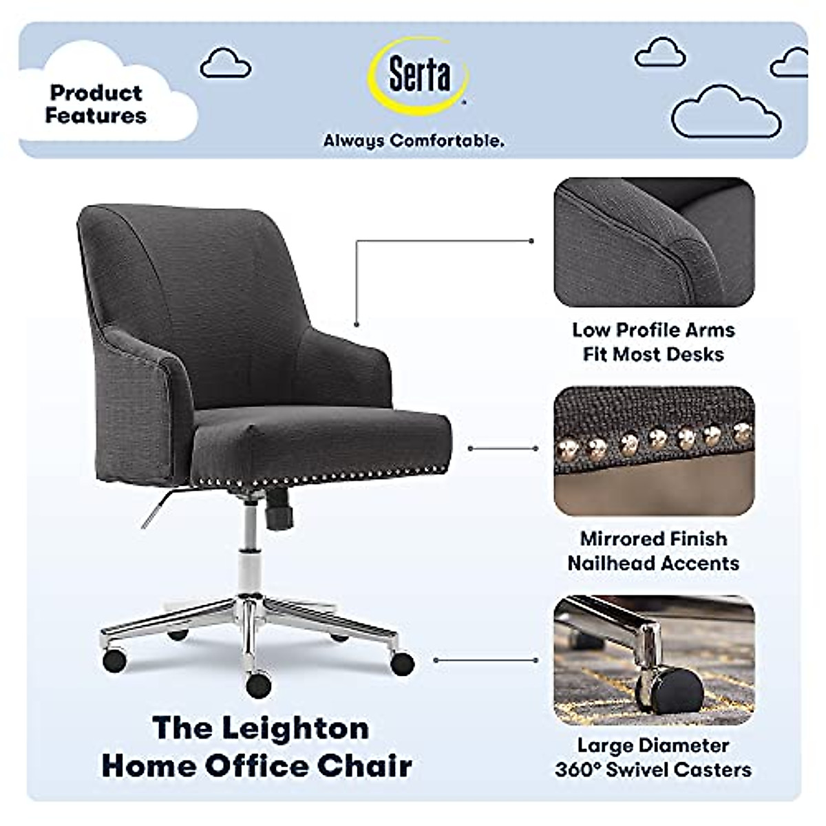 Serta Leighton Home Office Memory Foam, Height-Adjustable Desk Accent Chair with Chrome-Finished Stainless-Steel Base, 27.25D x 24W x 35.75H in, Dark Gray