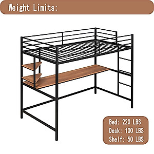 Anwick Twin Size Metal Loft Bed with Desk & Shelf, Metal Structure Bedframe w/Safety Guardrail, for Dorm, Bedroom, Guest Room, No Box Spring Needed (Twin, Black)