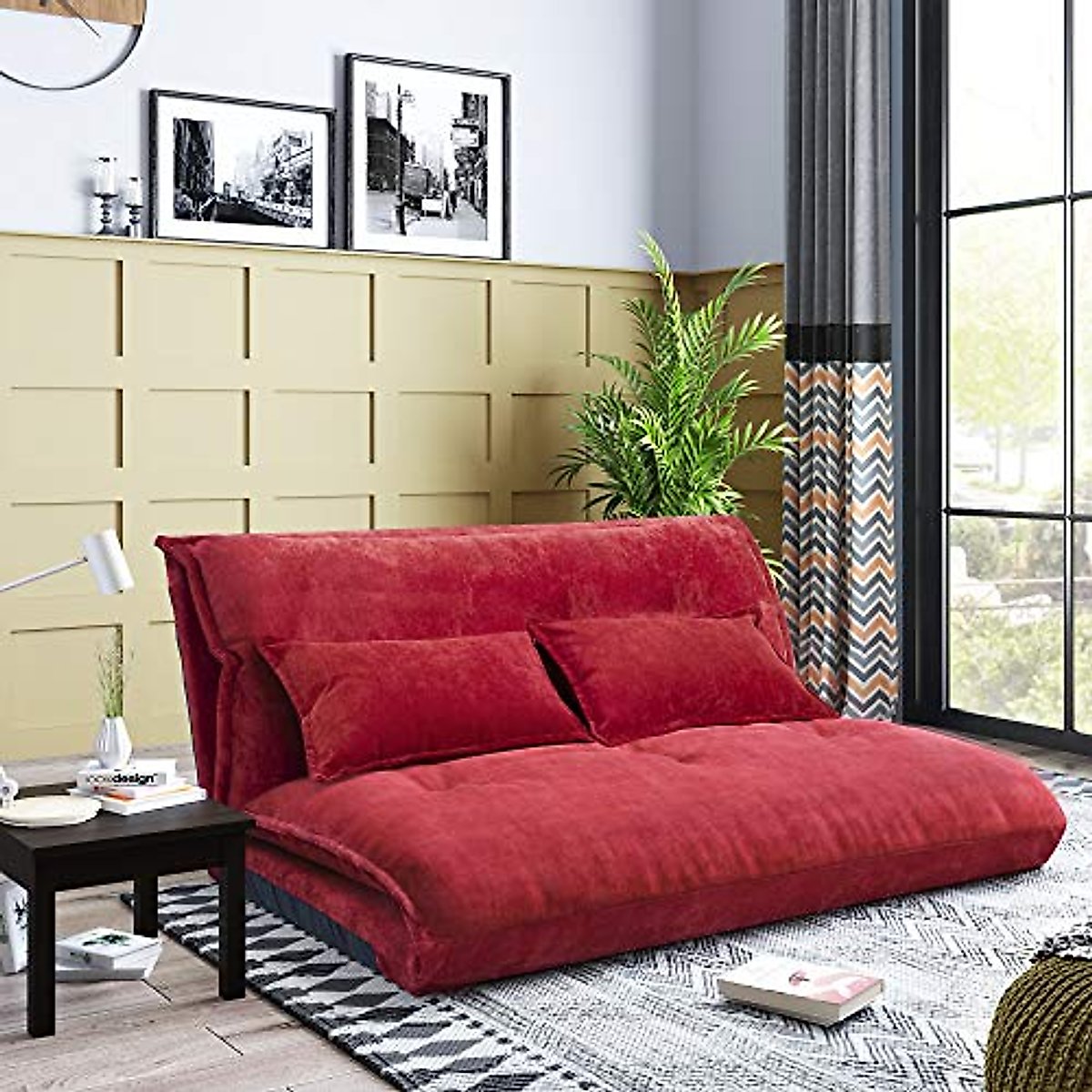 SYING88 Lazy Floor Sofa Adjustable Folding Futon Sofa Video Gaming Sofa with Two Pillows，Sleeper Bed Couch for Adults，for Bedroom Living Room Reading Gaming Small Spaces Apartment (Red)