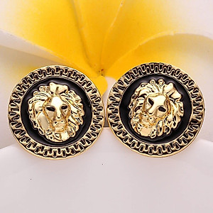 Yellow Gold Plated Black Round Earrings Stud Push Back Lion 1" L319