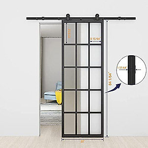 BARNSMITH 30in x 84in Frosted Glass Barn Door with 6FT Top Mounted Hardware kit Include Soft Close Mechanism DIY 15 Lites Modern Aluminum Frame Glass Sliding Barn Door Disassembled Easy Installation
