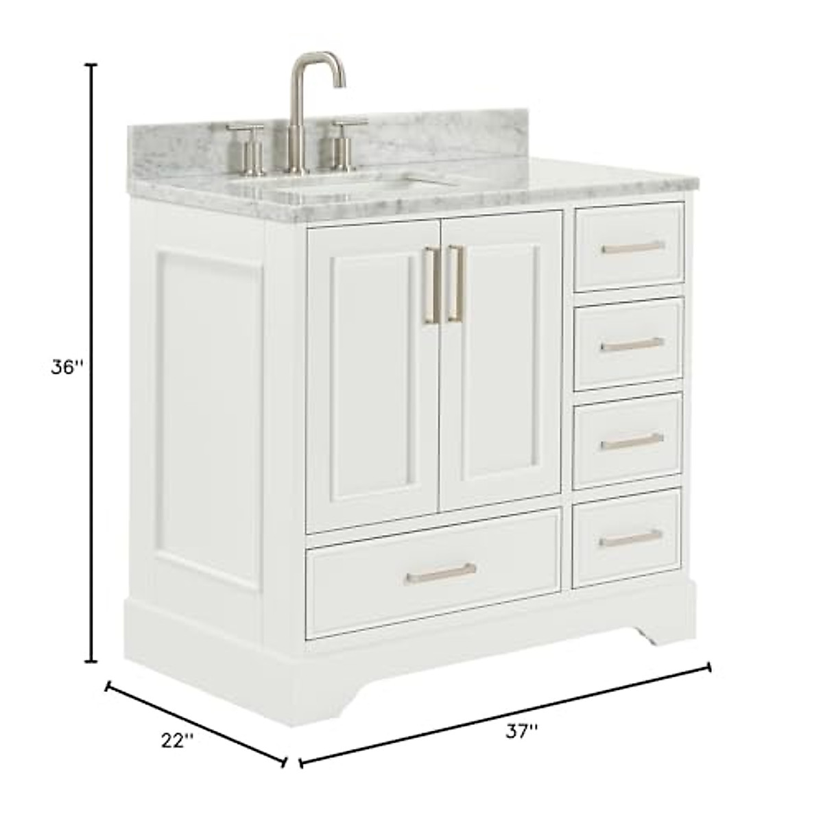 ARIEL Stafford 37 Inch Bathroom Vanity with Sink, White Bathroom Vanity, Solid Wood Vanity Base Cabinet, Carrara Marble Countertop, Left Rectangular Undermount Sink, 2 Soft Closing Doors, 5 Drawers