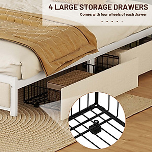 Queen Size Bed Frame with LED Headboard, Metal and Upholstered Platform Bed with Charging Station and 4 Drawers Storage, No Box Spring Needed, Beige