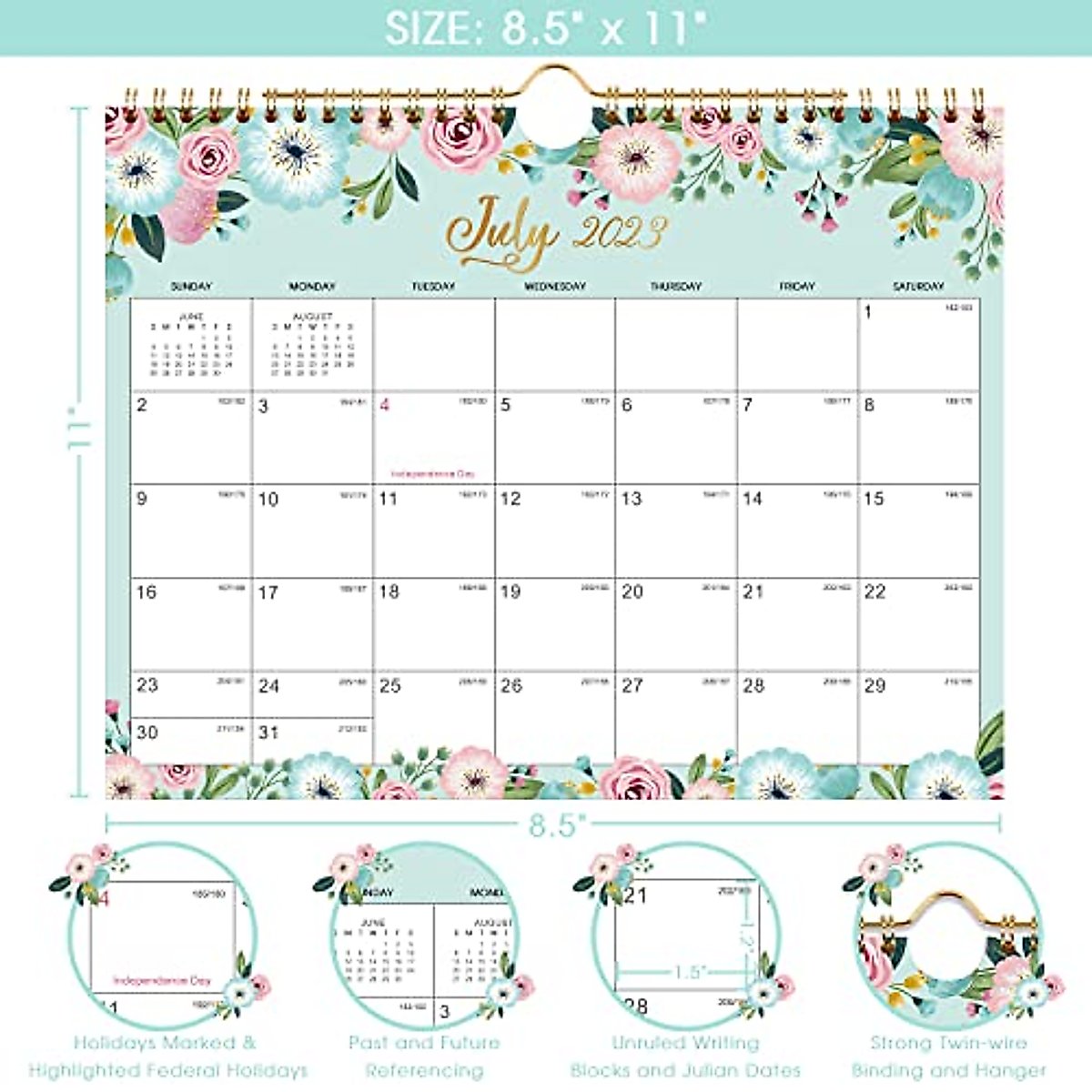 2023-2024 Wall Calendar - 18 Monthly Calendar 2023-2024, February 2023 - June 2024, 11" x 8.5", Twin-Wire Binding + Hanging Hook + Thick Paper + Unruled Blocks with Julian Dates - Floral