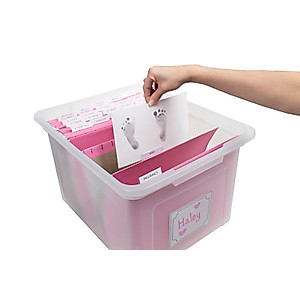 Kid's Craft Memory Keepsake Organizer Box - Clear Storage Latching Bin with Hanging File Folders and Custom Tab Inserts (Pink)