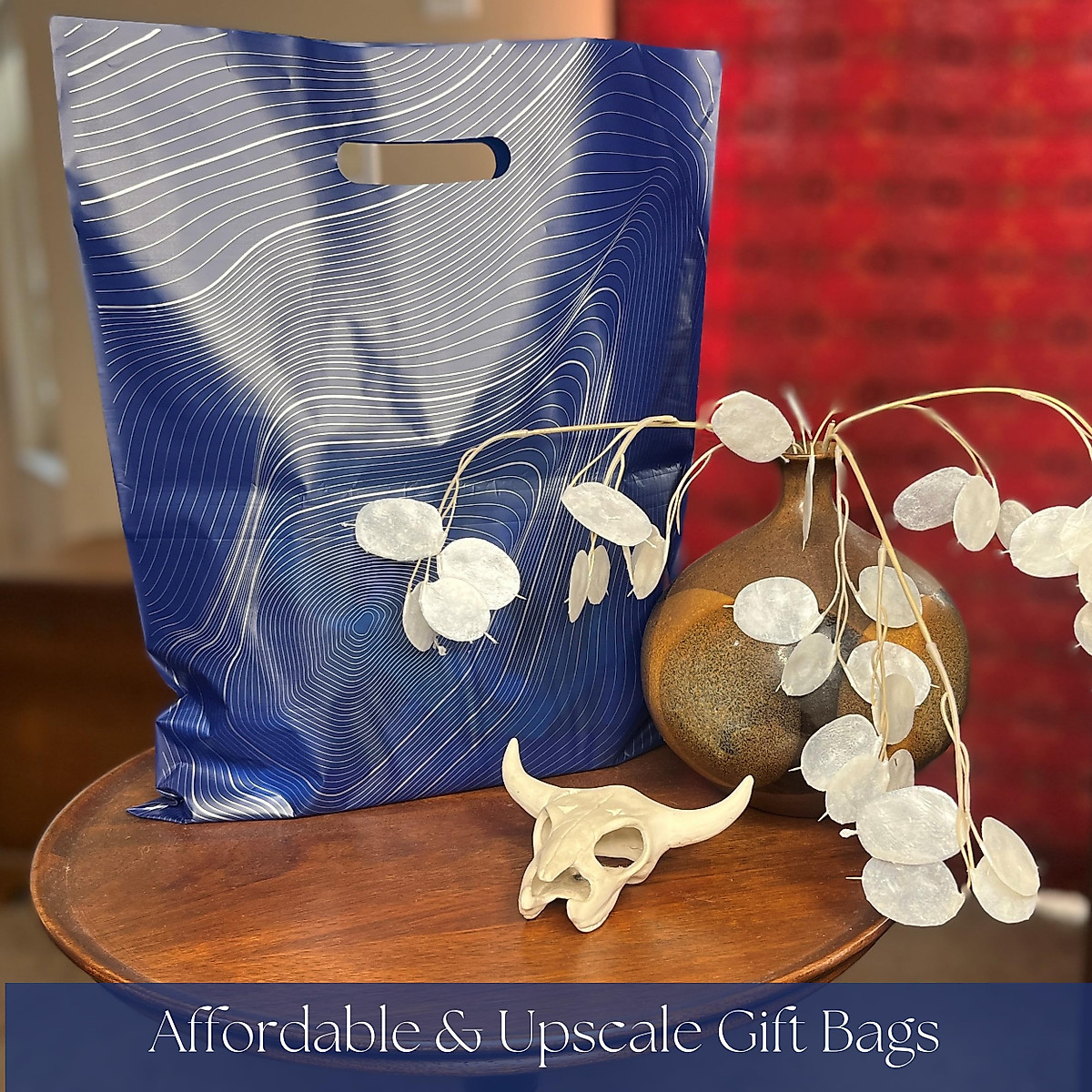 Rainbows & Lilies 100 Merchandise Bags 12x15 - Plastic Bags with Handles, Retail Shopping Bags for Small Business, Goodie Bags for Party Favors, T-Shirts, Gift Bags Bulk - Thick Reusable Bags (Blue)