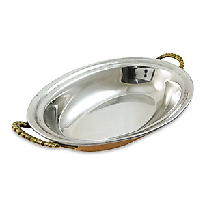 ibaexports Steel and Copper Oval Bowl Dish Tray Serving Ware Smooth Surface with Handles