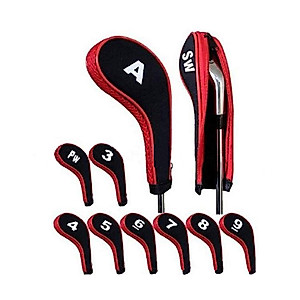 DBYAN 10pcs Number Print Long Sleeve Golf Club Iron Covers Head Covers Set with Zipper for Irons Taylormade Ping Callaway Mizuno Cobra,Black & Red