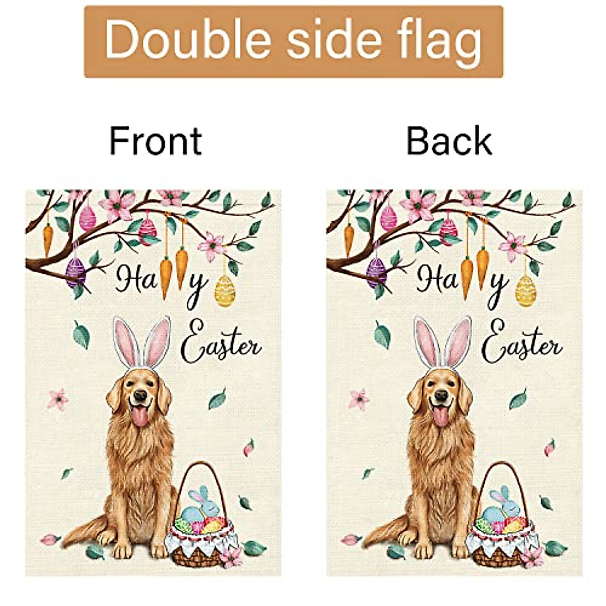 Happy Easter Garden Flag 12x18 Double Sided Burlap, Small Welcome Easter Egg Tree Dog Bunny Rabbit Garden Yard Flags for Spring Outdoor Outside Decoration (Only Flag)