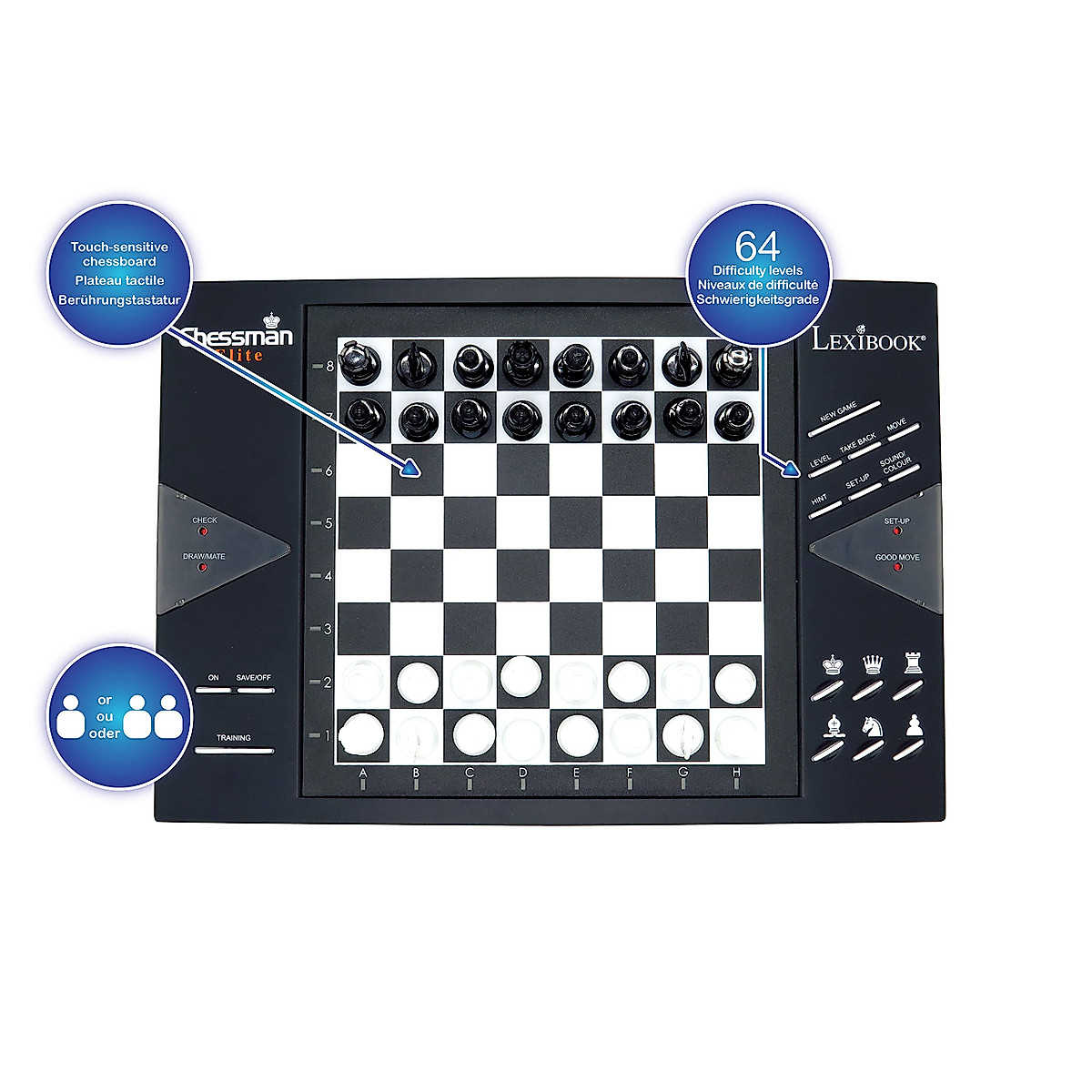 Lexibook Chessman® Elite Interactive Electronic Chess Game +, 64 Levels of Difficulty, LEDs, Family Child Board Game, Black/White, CG1300US