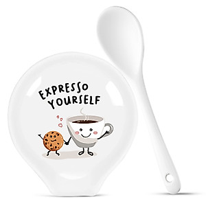 Four Inch- Coffee Spoon Rest , Coffee Spoon Holder , Kitchen Spoon Rest, Spoon Rest Ceramic , Cute Spoon Rest , Gift for Coffee Lovers, Coffee Spoon Rest for Coffee Bar, White Spoon Rest with Spoon