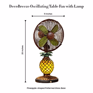 DecoBREEZE Oscillating Table Fan with Lamp, 3-Speed Portable Fan, Pineapple, Mosaic Glass Antique Fan and Lamp, 10 inches