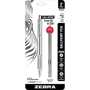 Zebra F-701 Metal Pen, Ballpoint Fine Point Stainless Steel Pen, Knurled Grip, 0.8mm Black Ink, Zebra F701 Retractable Silver Metal Pen with 2 Black Ink Refills in Pack For Women & Men 21213ELG
