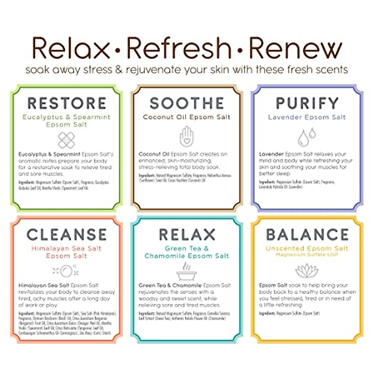 Life Is Calm Epsom Salt Spa 6-Pack l Dissolvable Therapy Formulas for Bath (Restore, Clense, Relax, Balance, Purify & Soothe)