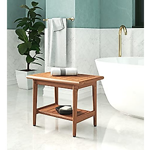 24" Maluku-Bjon Slatted Teak Shower Bench w/Shelf