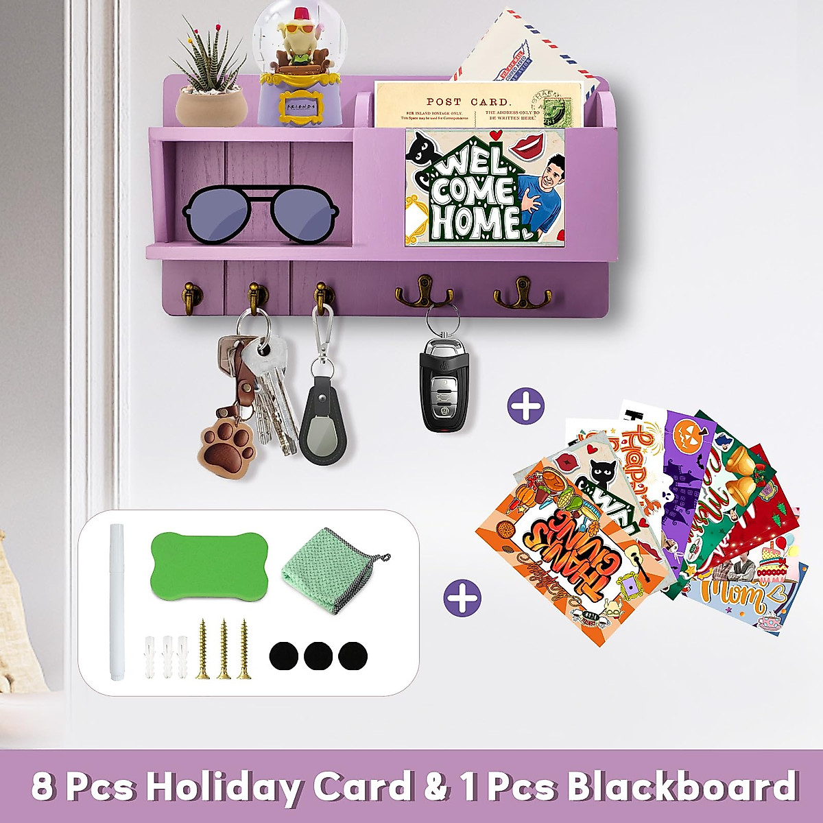 VUEJIC Purple Friends Key Holder for Wall,8pcs Friends Cards,Friends TV Show Merchandise Gifts,Decorative Mail Organizer,Key Racks 5 Anchor Hooks,Handmade Wooden Key Hangers for Home Decor.…