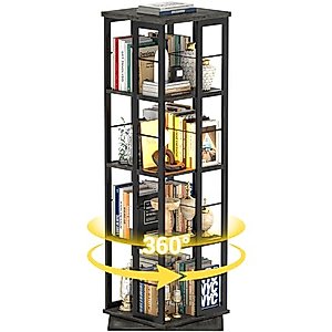 Besiost Bookshelf, Rotating Bookshelf Corner Bookcase, 360 Wood Spinning Narrow Bookshelf, 4 Tier Floor Standing Bookcase Shelf Revolving Organizer Storage Rack for Small Space, Study Room, Black Oak
