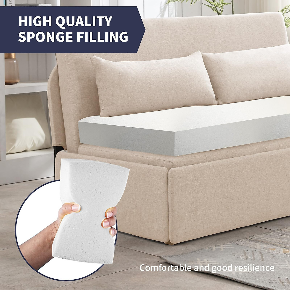 ijuicy Pull Out Sofa Bed, Linen Modern Sofa with Pull Out Bed, Pull Out Sleeper Sofa, 2-in-1 Couch Bed with Pillows &Mattress, Queen Size Sofa Bed for Living Room/Apartment (Beige, Queen)