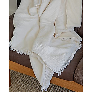 HOUSE NO.23 Sherpa Fleece Throw Blanket, Double Gauze Organic Turkish Cotton, Lightweight Super Soft Warm Blanket Bed Couch, All Seasons, Home Decor, Fall Decor, 51x67 (Coconut)