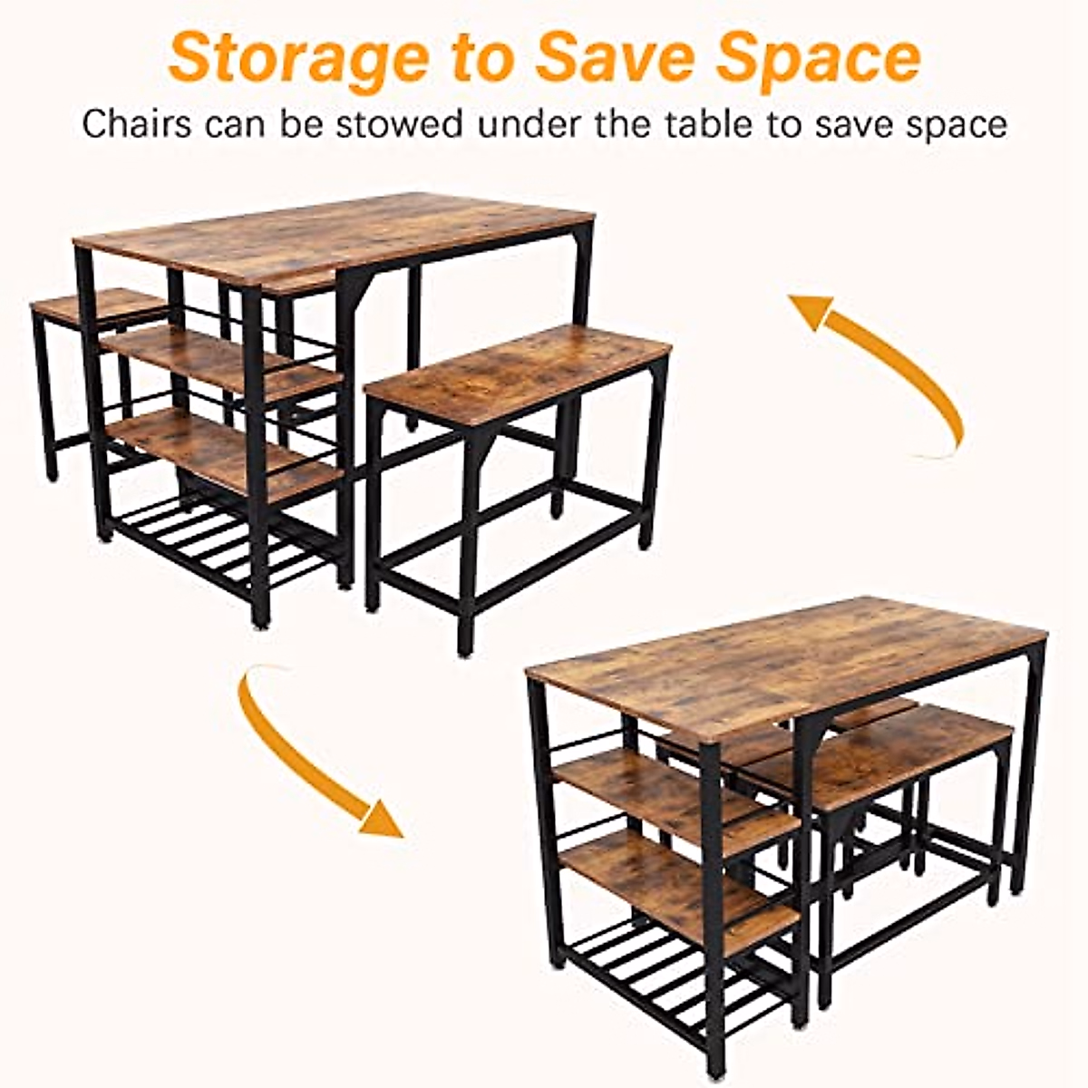 Rxicdeo Dining Table Set for 4, Kitchen Table with 1 Bench and 2 Chairs, Kitchen & Dining Room Tables with Wine Rack and Storage Shelf, Space-Saving Dinette for Kitchen, Dining Room (Brown)