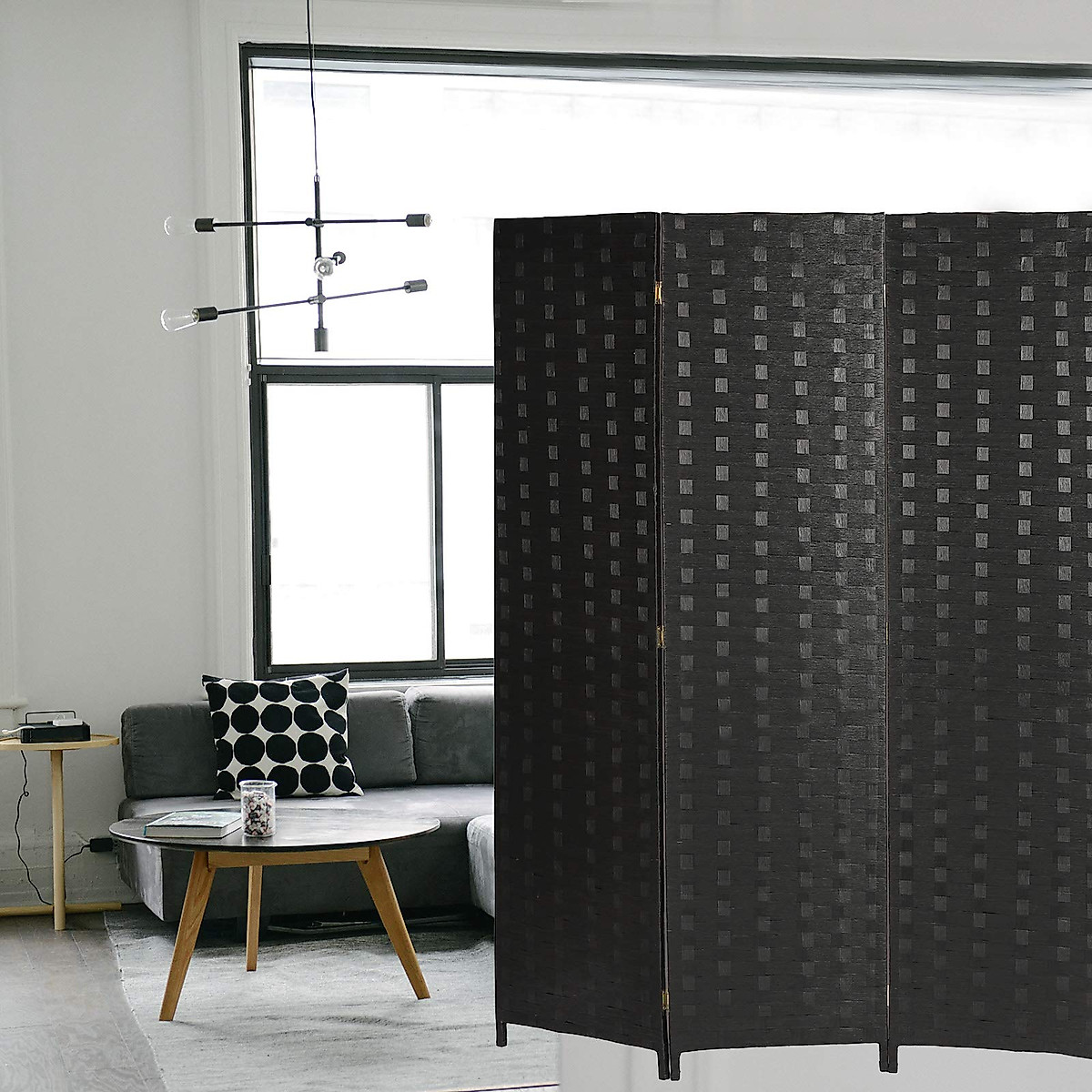 Folding Room Screen Divider Hand-Woven Design Room Divider 6ft High Fiber Free-Standing Privacy Screen Suitable for Living Room and Study (Black, 4 Panels)