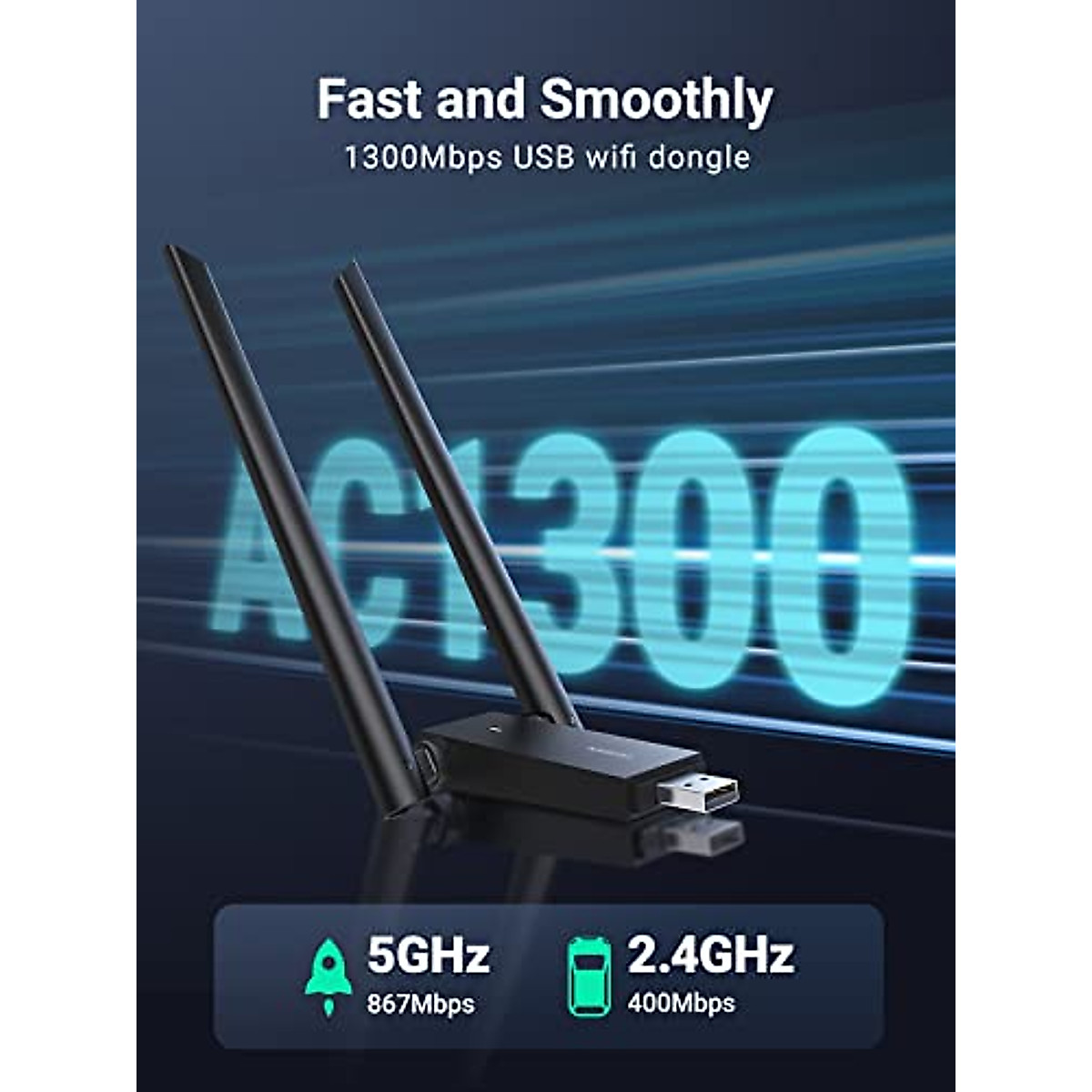 UGREEN USB WiFi Adapter for Desktop PC Laptop AC1300 5dBi High Gain Dual Antennas 164ft Wide Range 5G 2.4G Dual Band USB 3.0 WiFi Dongle Wireless Network Adapter Support Windows 11/10/8.1/8/7