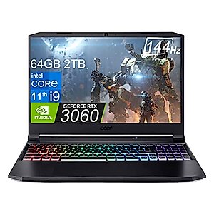 Acer Nitro 5 (15.6" FHD 144Hz, Intel i9-11900H, 64GB RAM, 2TB PCle SSD, GeForce RTX 3060 6GB), RGB Backlit Gaming Laptop, Webcam, Killer Wi-Fi 6, DTS:X Audio, Ray Tracing, Windows 11 Home