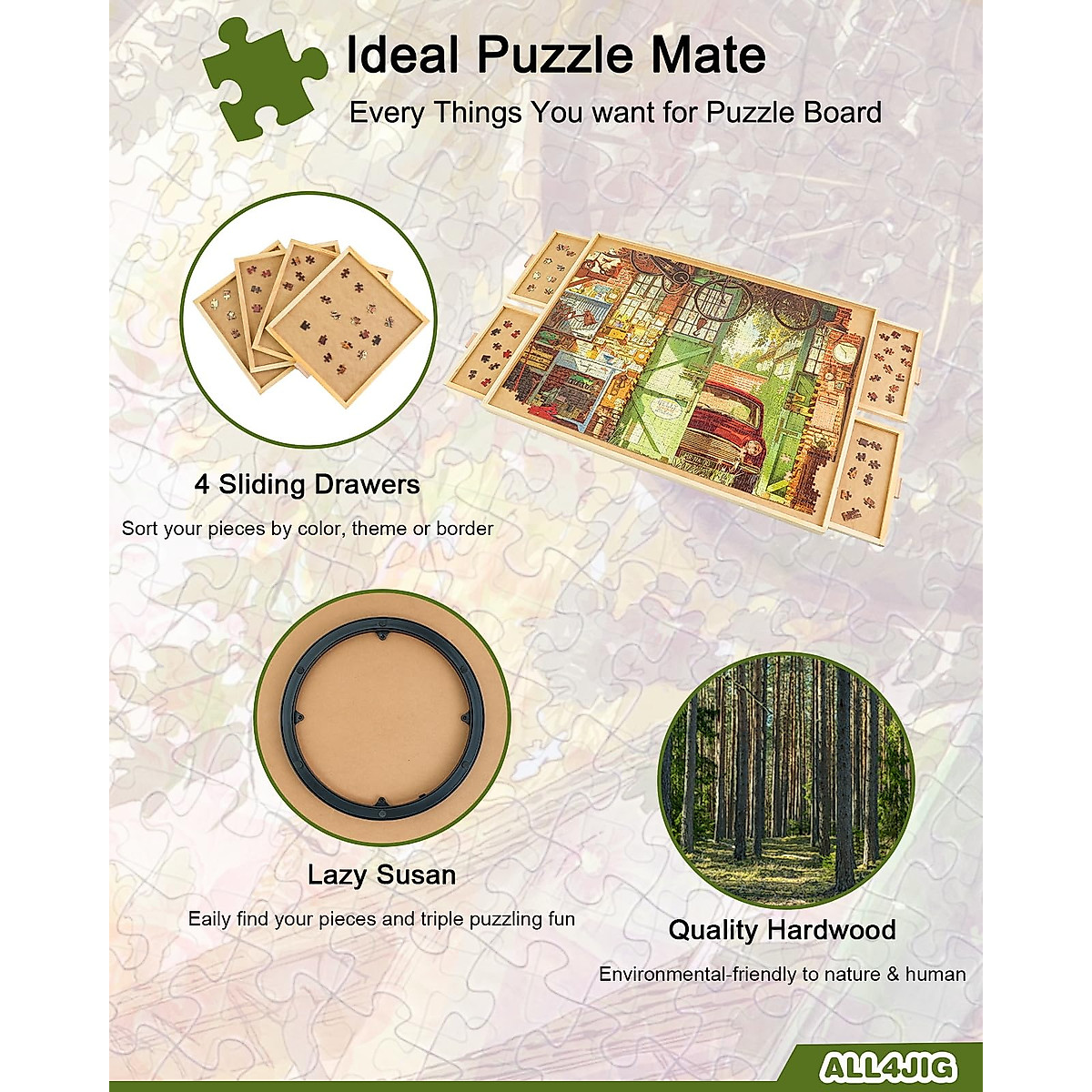 ALL4JIG 1500 Piece Rotating Puzzle Board with Drawers and Cover,26"x35"Portable Wooden Jigsaw Puzzle Table for Adults Portable,Lazy Susan Spinning Puzzle Boards Birthday Gift for mom