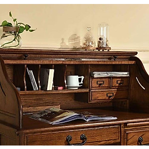 Small Home Office or Student Roll Top Desk- Solid Oak Wood Single Pedestal 40.5Wx24Dx45H BW Organizer Desk Quality Crafted Construction Locking File Drawers Dovetailed Secretary Desk Easy Assembly